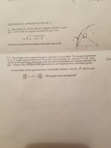 ARCHIMEDES APPROXIMATION OF n 2. Prove that if s is | Chegg.com
