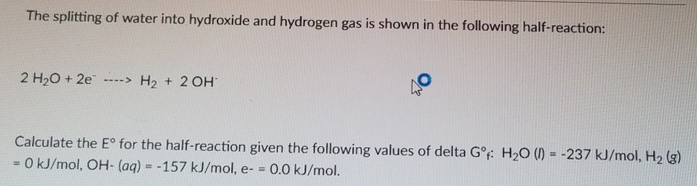 Solved The splitting of water into hydroxide and hydrogen | Chegg.com