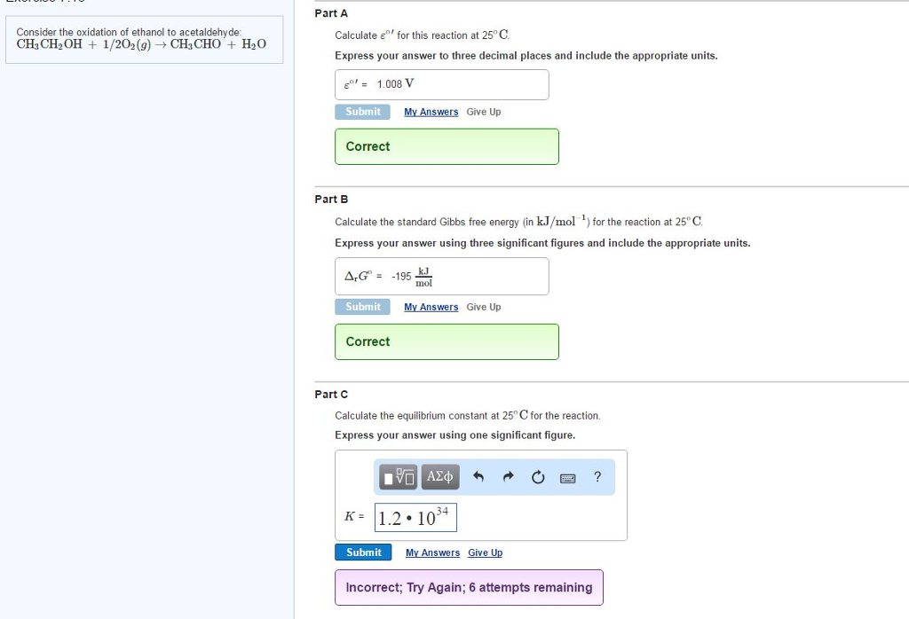 Solved Part A Consider the oxidation of ethanol to | Chegg.com