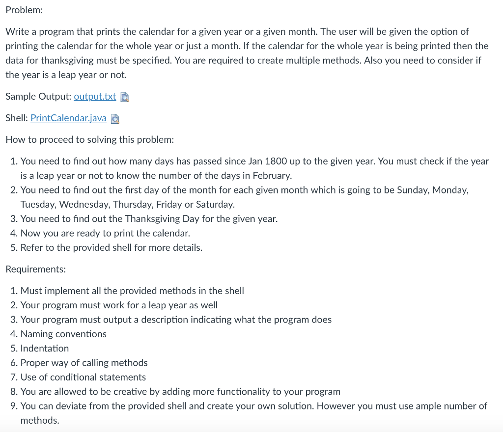 Solved Problem Write a program that prints the calendar for | Chegg.com