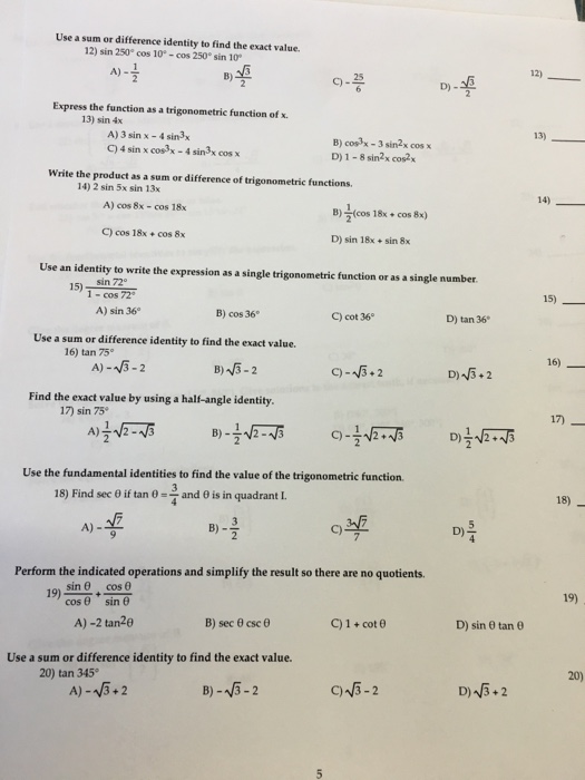 Solved Use a sum or difference identity to find the exact | Chegg.com