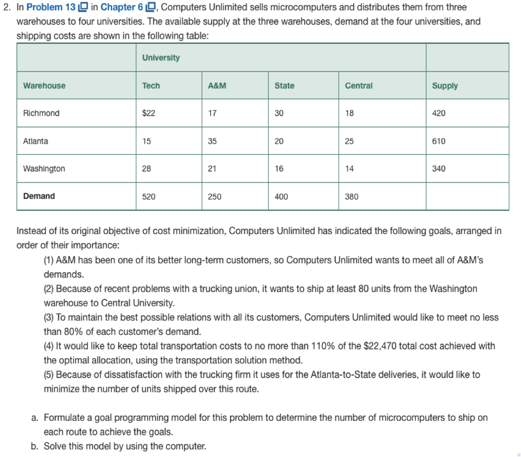 Solved Please include and excel sheet with goal programming | Chegg.com