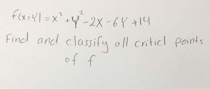 Solved f (x , Y) = x^2 + y^2 -2x-6y +14 find and classify | Chegg.com