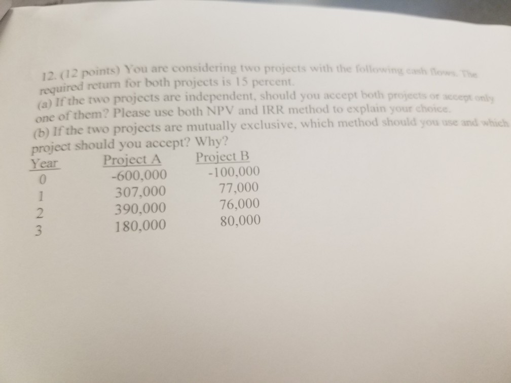 Solved 17 (12 points) You are considering two projects with | Chegg.com