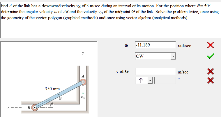 Solved Endd ofthe link has a downward velocity VA of 3 msec | Chegg.com