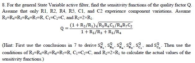8. For the general State Variable active filter, find | Chegg.com