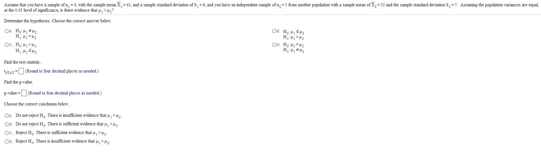 Solved Assume that you have a sample of n1 = 4, with the | Chegg.com