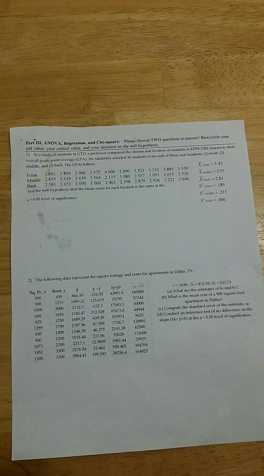 Solved Part Il, ANOVA, Regression, and Chi-square: Please | Chegg.com