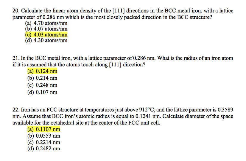 Solved 20 Calculate The Linear Atom Density Of The [111]