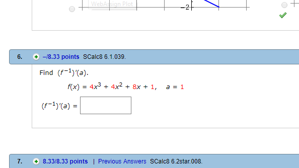 Solved -2 + -18.33 points SCalc8 6.1.039 Find (f-)(a) | Chegg.com