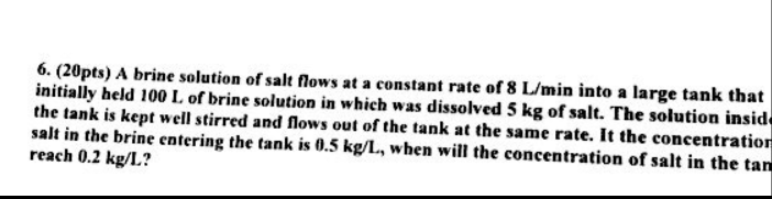 Solved 6. (20pts) A brine solution of salt flows at a | Chegg.com Solved 6. (20pts) A brine solution of salt flows at a | Chegg.com