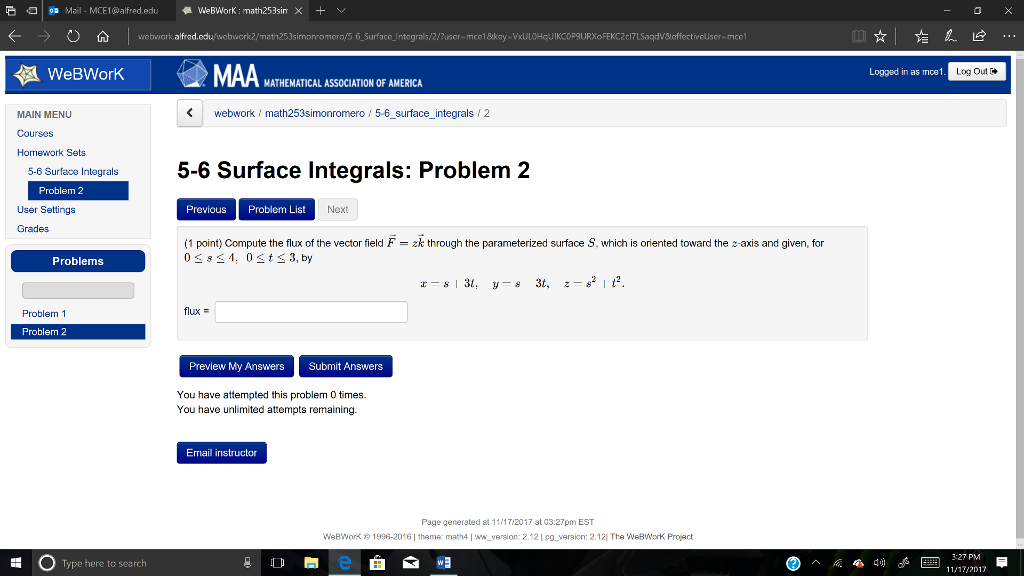Solved a | 0. Mail . MCE1 @alfred.edu 讴WeBWorK : math253sim | Chegg.com