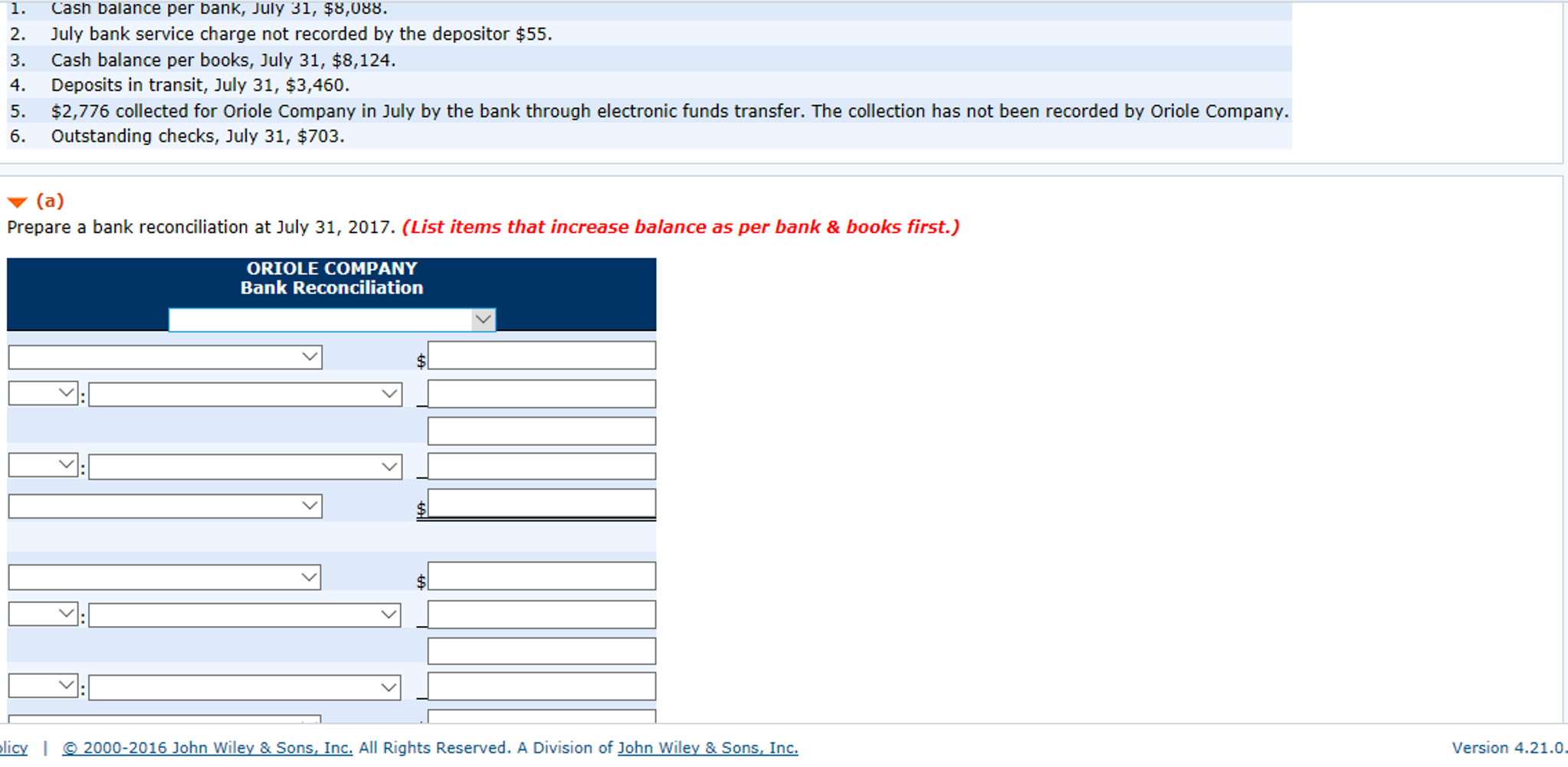 Solved Cash balance per bank, July 31, $8, 088. July bank | Chegg.com