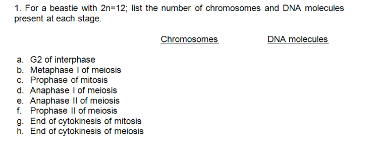Solved 1. For a beastie with 2n=12; list the number of | Chegg.com