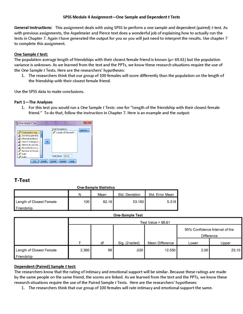 Solved SPSS Module 4 Assignment-One Sample and Dependent t | Chegg.com