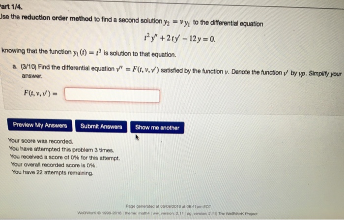 Solved Differential Equation Reduction Order Method