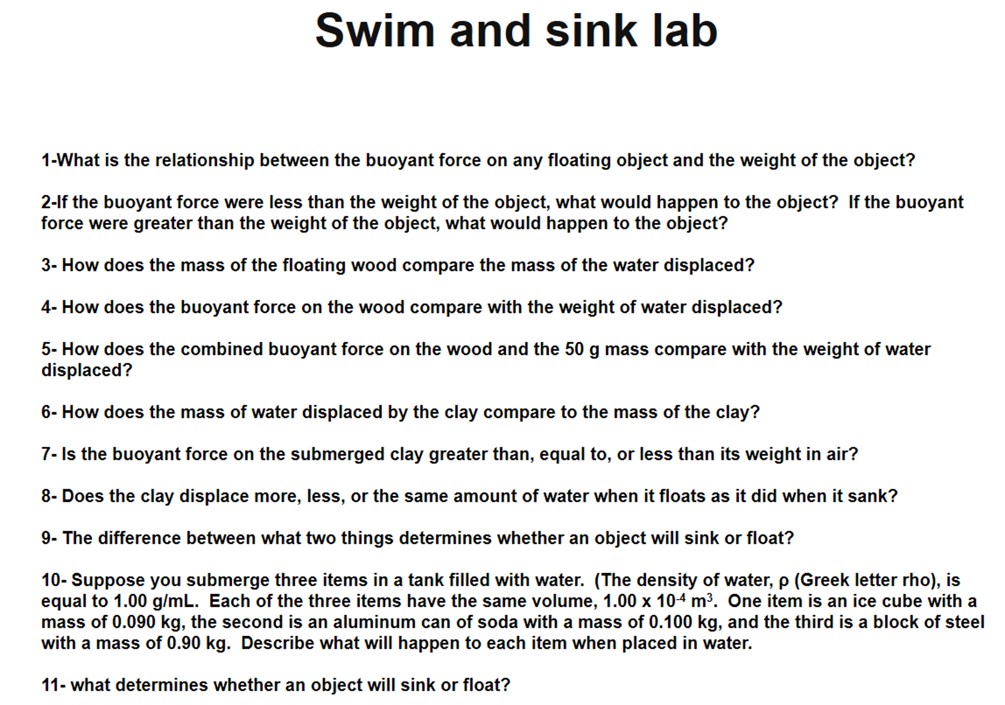 Solved Swim and sink lab What is the relationship between | Chegg.com