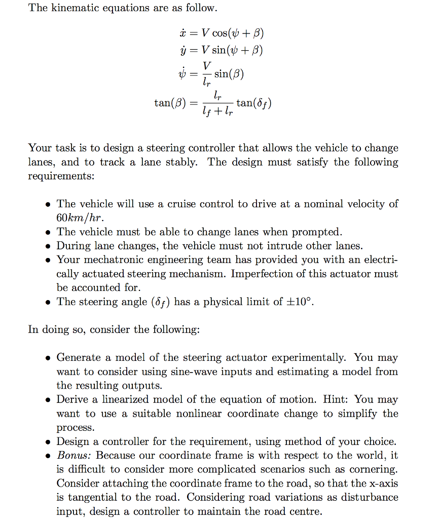 Solved Steering control of an autonomous car set up and | Chegg.com