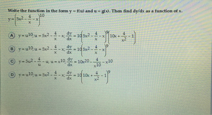 Solved Write the function in the form y = f(u) and u = g(x). | Chegg.com