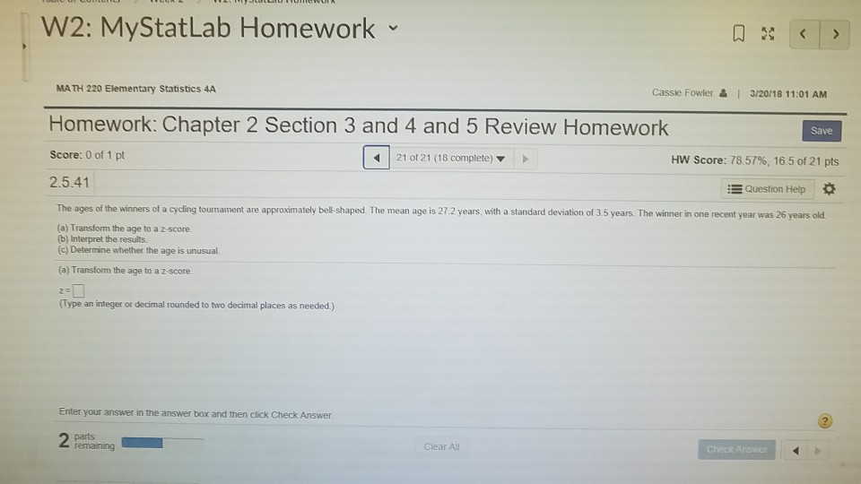 Solved W2: MyStatLab Homework MATH 220 Elementary Statistics | Chegg.com
