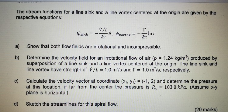 Solved The stream functions for a line sink and a line | Chegg.com
