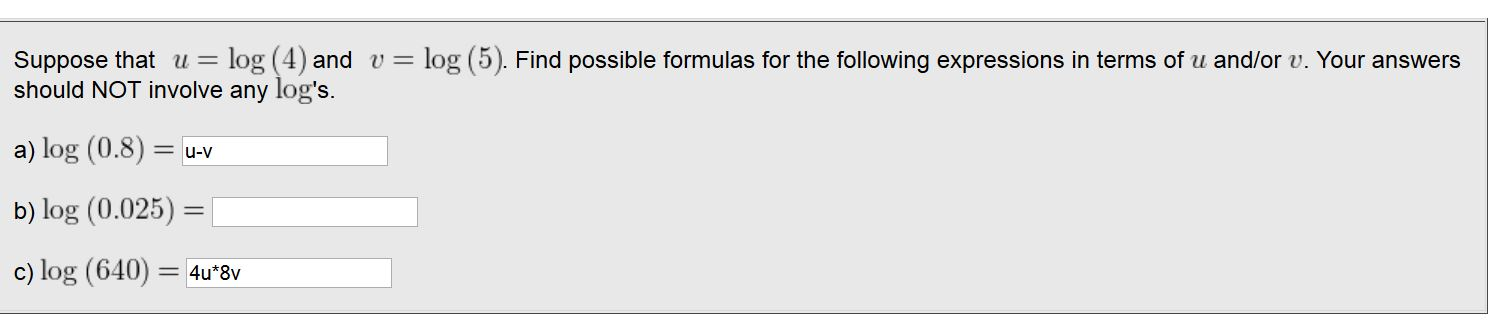 Solved Suppose that u = log (4) and v = log (5). Find | Chegg.com