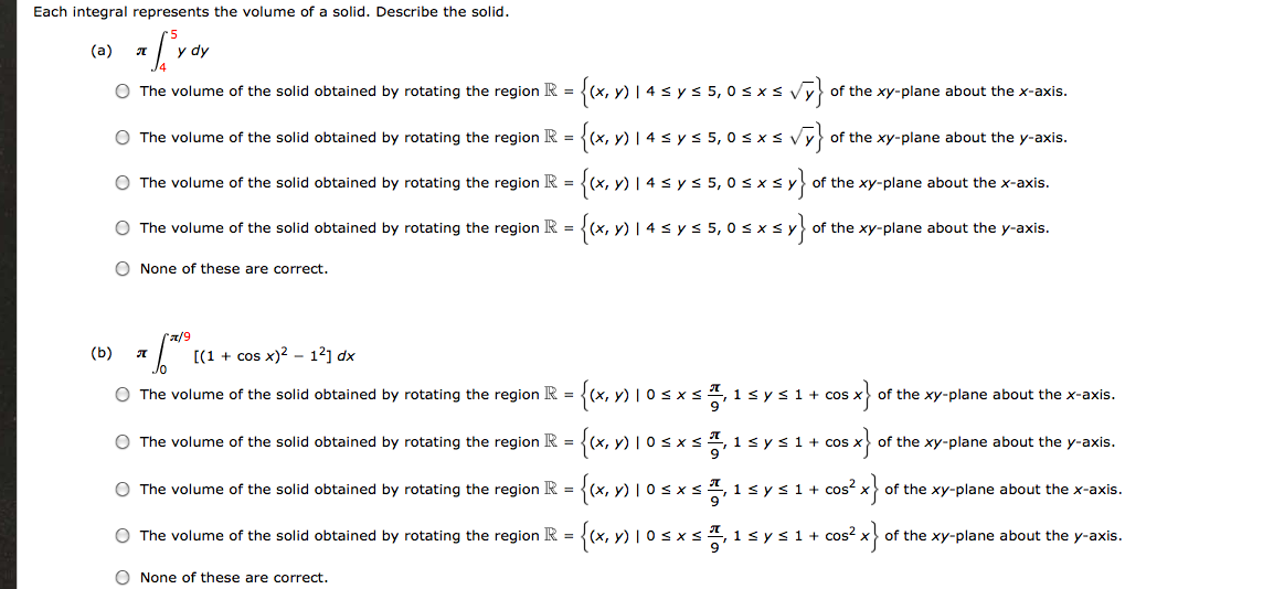 Each integral represents the volume of a solid. | Chegg.com
