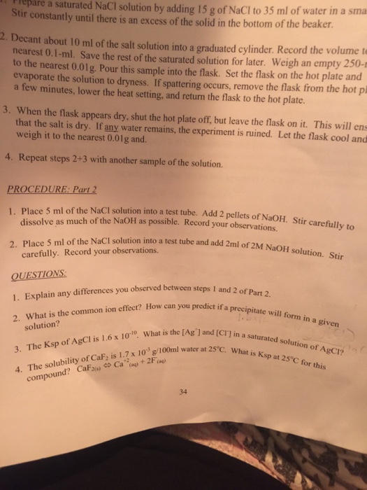 Solved Prepare a saturated NaCl solution by adding 15 g of | Chegg.com