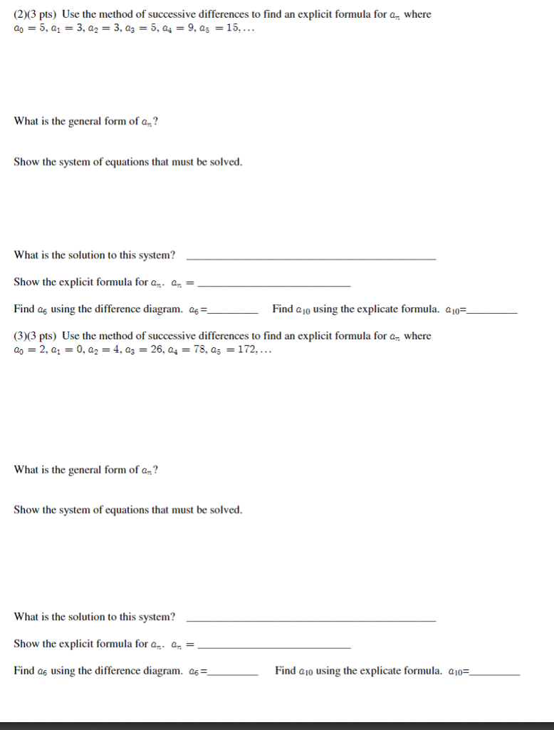 Solved (2)(3 pts) Use the method of successive differences | Chegg.com