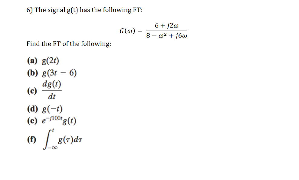Solved 6) The signal g(t) has the following FT: G(o) Find | Chegg.com