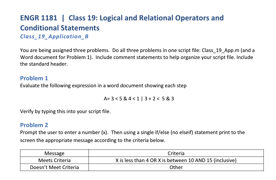 Solved ENGR 1181 | Class 19: Logical and Relational | Chegg.com