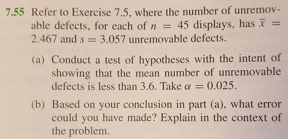 Solved 7.55 Refer to Exercise 7.5, where the number of | Chegg.com