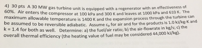 Solved A 30 MW gas turbine unit is equipped with a | Chegg.com
