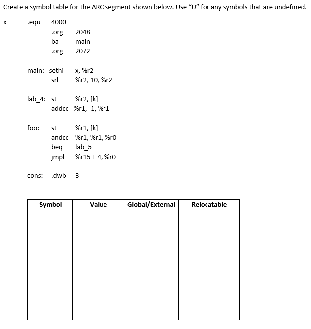 Create a symbol table for the ARC segment shown | Chegg.com