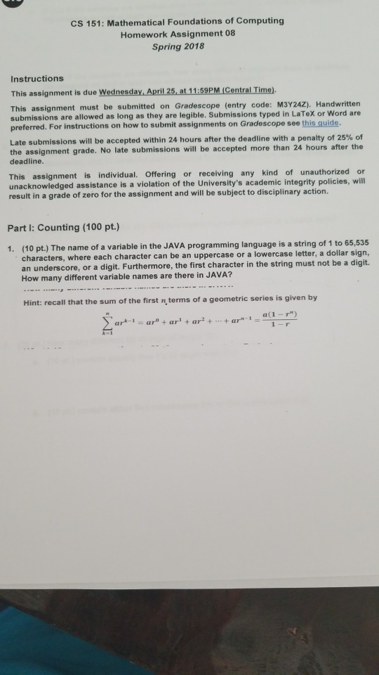 Solved Cs 151: Mathematical Foundations of Computing | Chegg.com