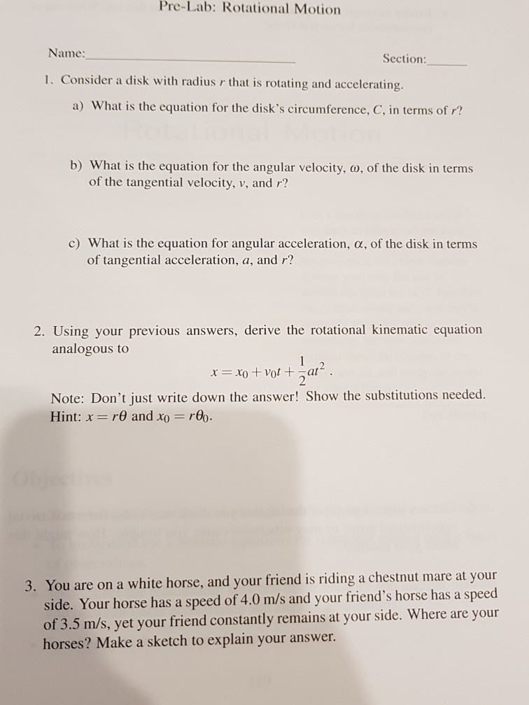 Solved Pre-Lab: Rotational Motion Name: Section: 1. Consider | Chegg.com