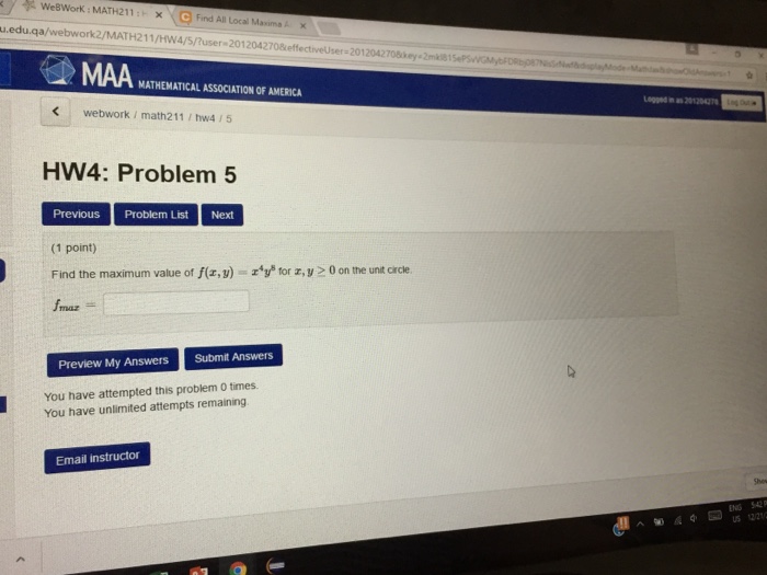 Solved MAA MATHEMATICAL ASSOCIATION or AMERICA webwork math2 | Chegg.com
