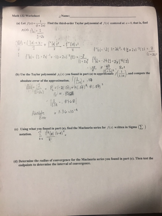 Solved Math 132 Worksheet Name: (a) Let f() Find the thi | Chegg.com