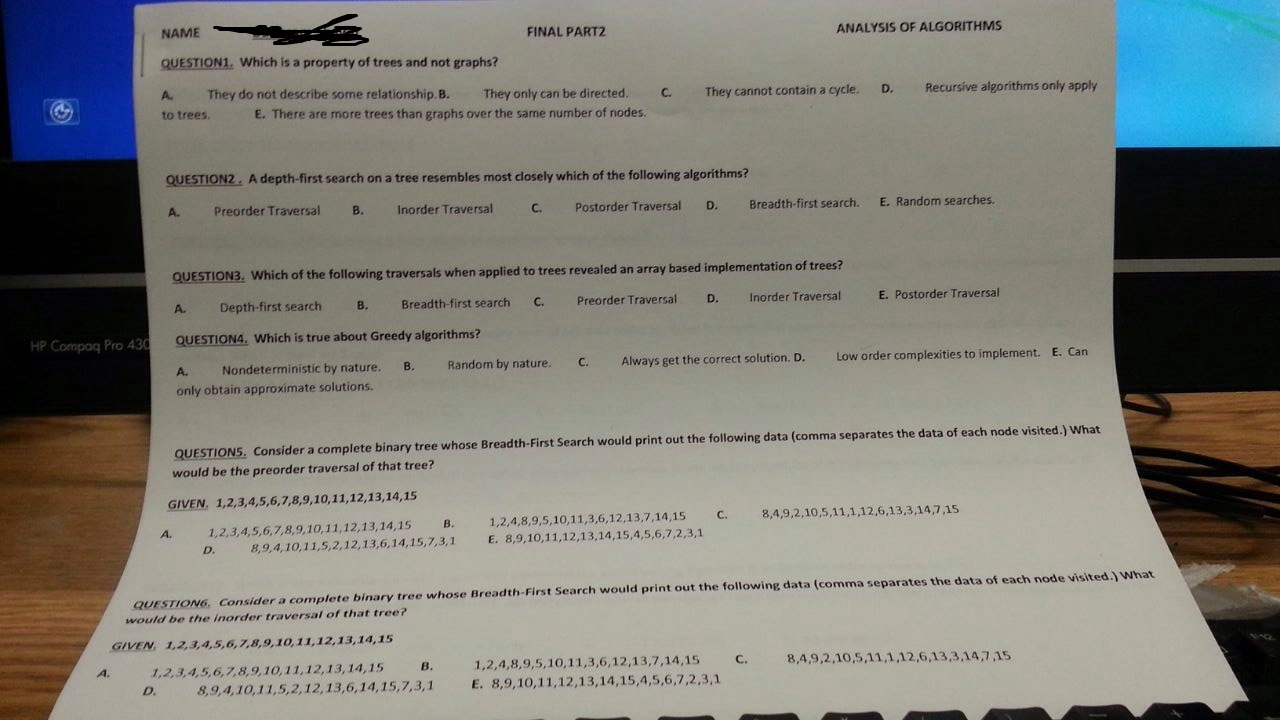 Solved ANALYSIS OF ALGORITHMS NAME FINAL PART2 QUESTION1. | Chegg.com