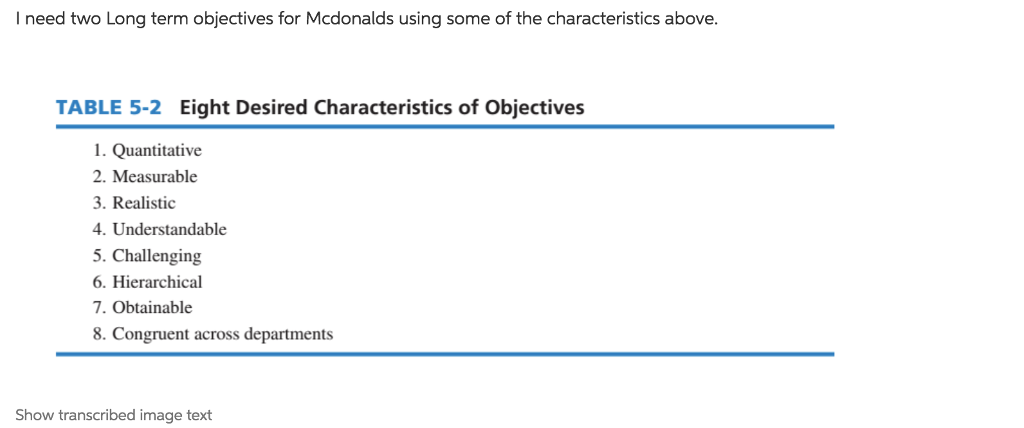 Solved I need two Long term objectives for Mcdonalds using | Chegg.com