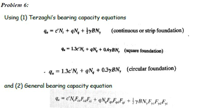 Solved Problem 6: Using (1) Terzaghi's bearing capacity | Chegg.com Solved Problem 6: Using (1) Terzaghi's bearing capacity | Chegg.com
