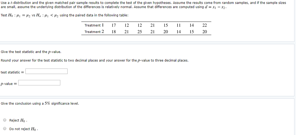 Solved Use a i-distribution and the given matce pai sample | Chegg.com