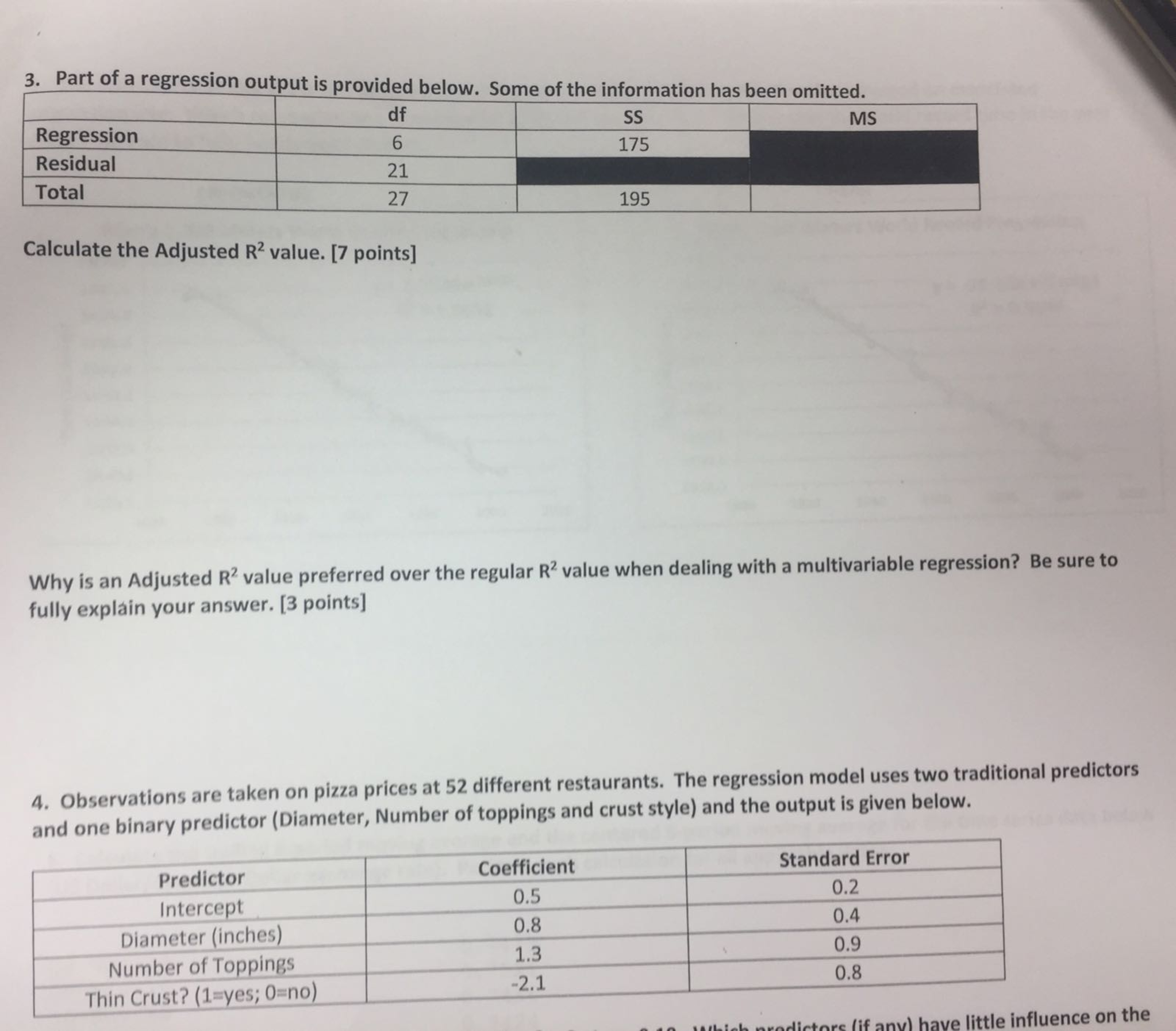 Solved Part Of A Regression Output Is Provided Below Some