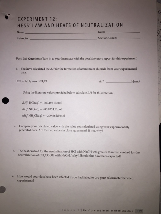 Solved EXPERIMENT 12 HESS' LAW AND HEATS 0F NE UTRALIZATION | Chegg.com