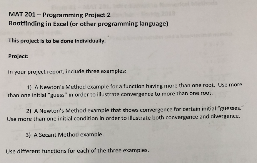 MAT 201 - Programming Project 2 Rootfinding in Excel | Chegg.com