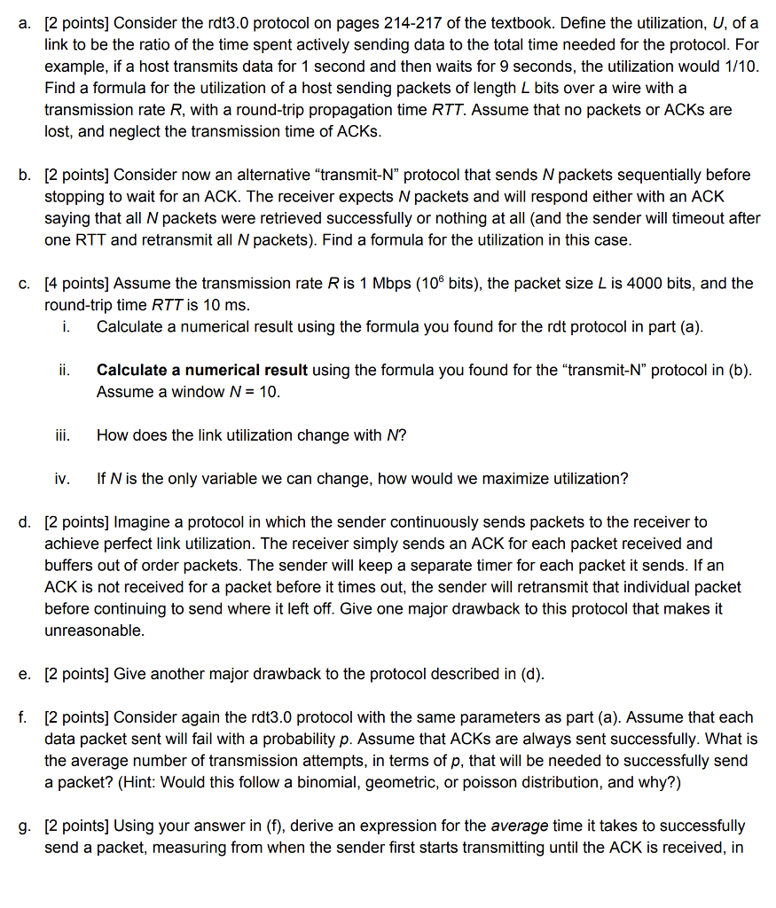 a. [2 points] Consider the rdt3.0 protocol on pages | Chegg.com