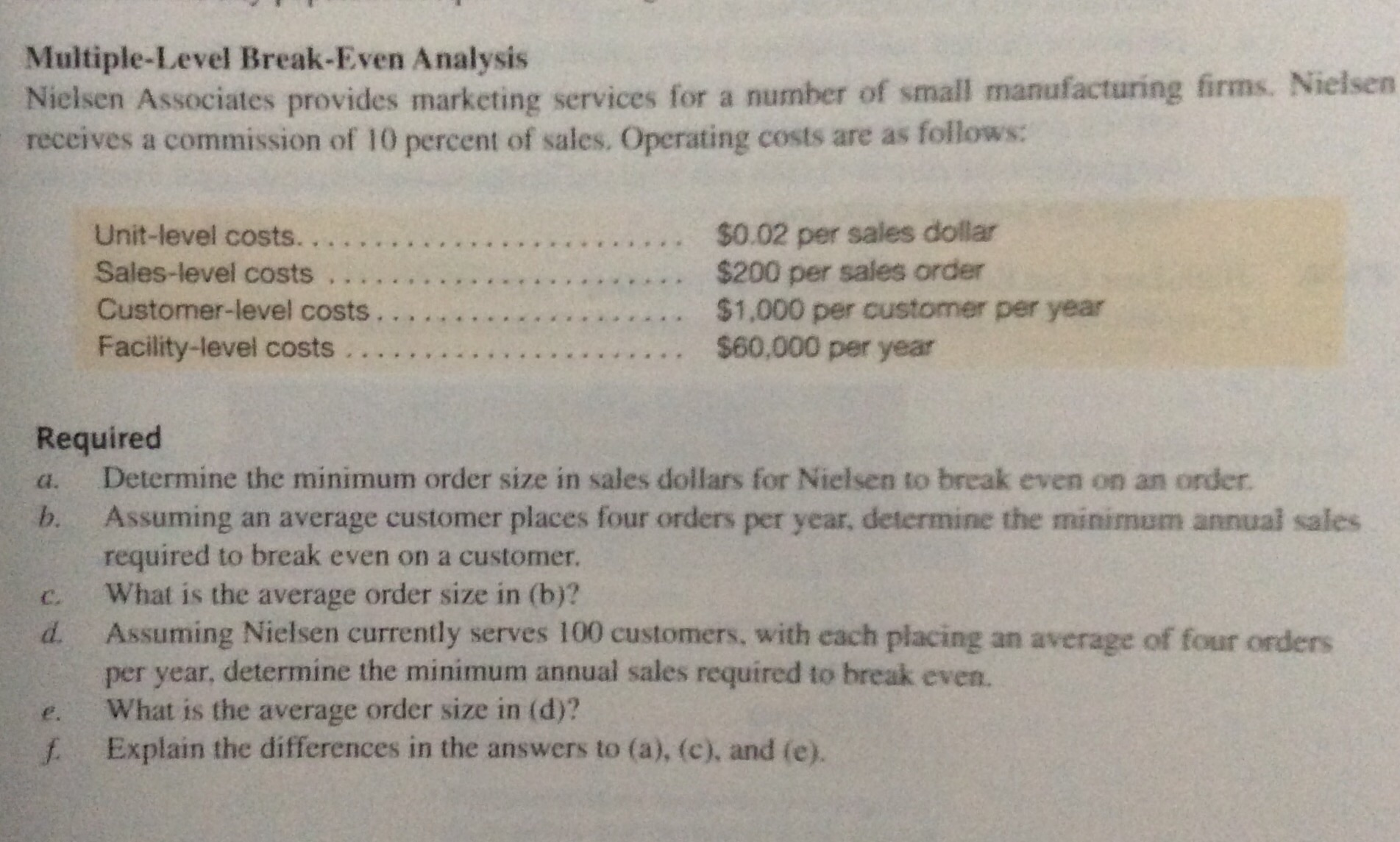 Solved Multiple -Level Break -Even Analysis Nielsen | Chegg.com