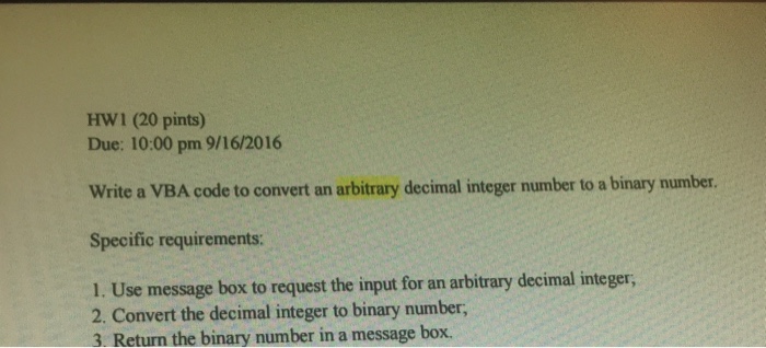 Solved Write A Vba Code To Convert An Arbitrary Decimal