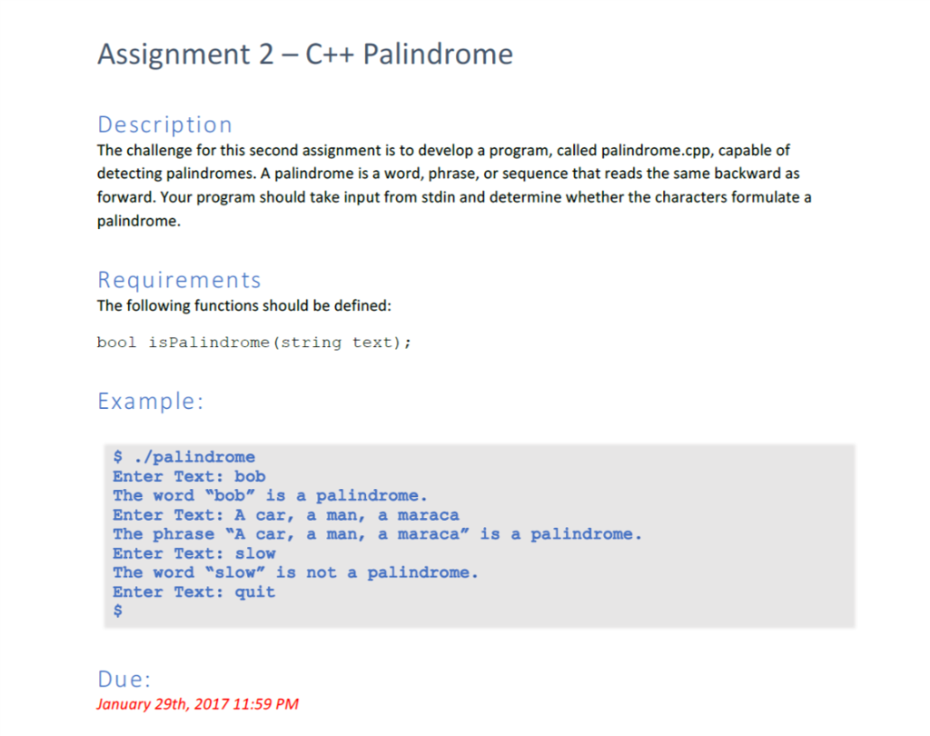 Solved Assignment 2 C Palindrome Description The