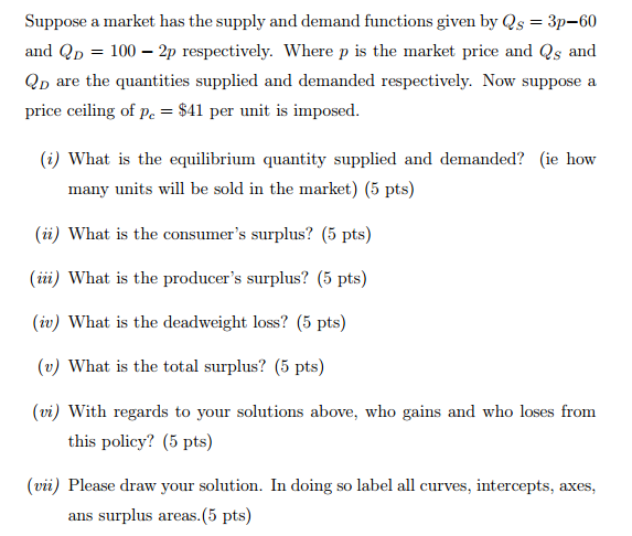 Solved Suppose a market has the supply and demand functions | Chegg.com